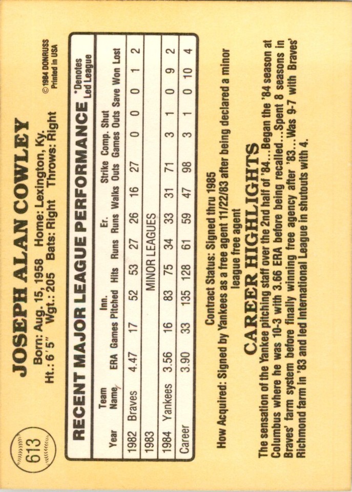 1985 Donruss Joe Cowley 104 Baseball Cards #613 | eBay