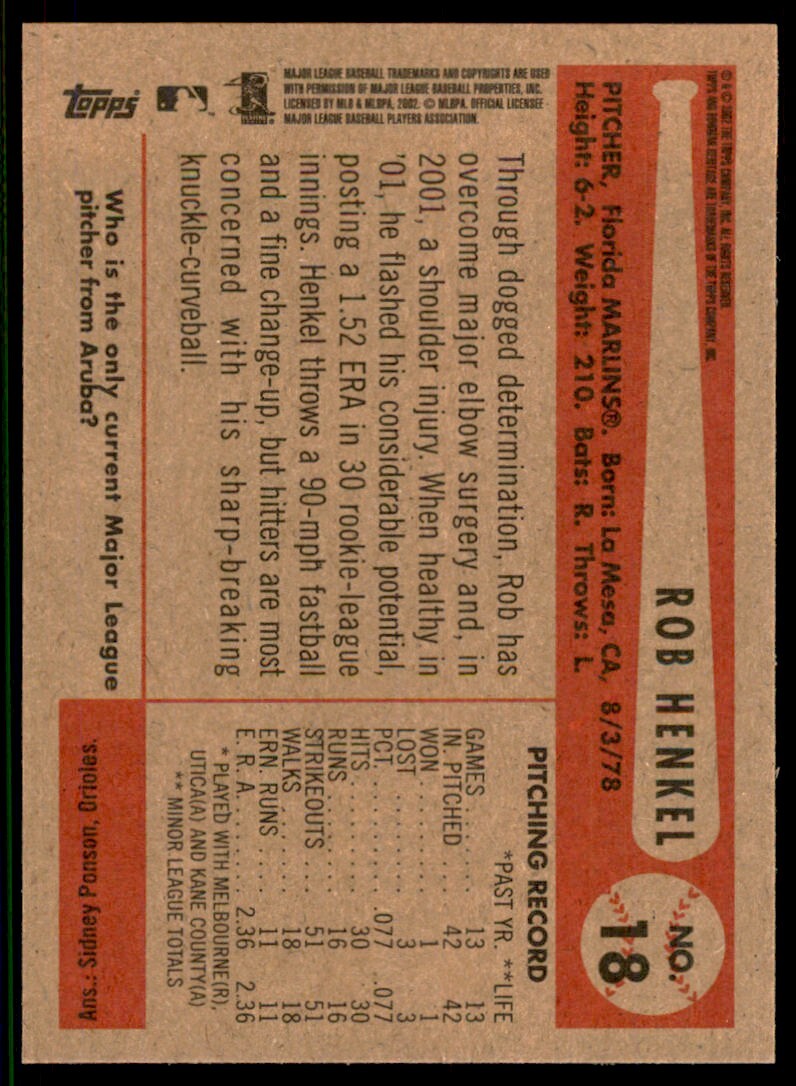 2002 Bowman Heritage Rob Henkel . Florida Marlins #18 | eBay