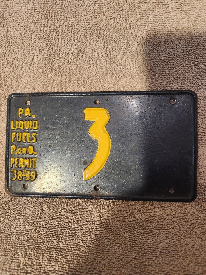 Pennsylvania Pa License Plate Tag 1938 38 1939 39 Liquid Fuel Permit #3 ...
