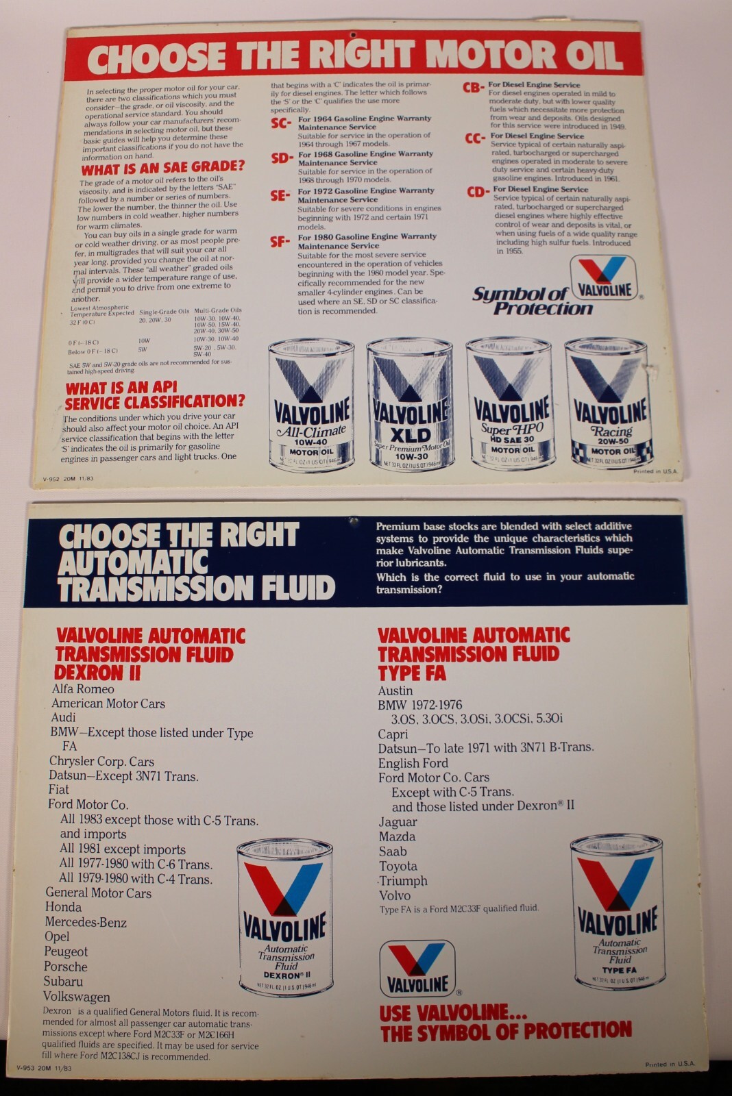 Vintage Valvoline Oil Co signs Motor Oil And ATF Information Signs 1983 ...