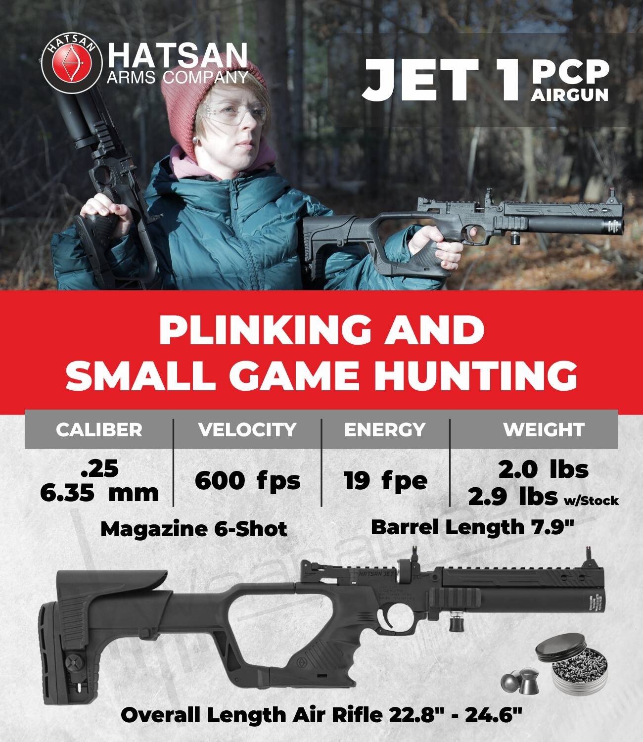 HATSAN Jet I Black .25 cal PCP Air Pistol Converts to Air Rifle with ...