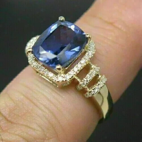 2.50Ct Cushion Cut Lab Created Sapphire Engagement Ring 14k Yellow Gold ...