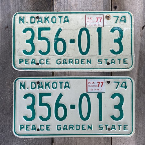 North Dakota License Plate Pair 1974 Peace Garden State #356-013 ND ‘74 ...