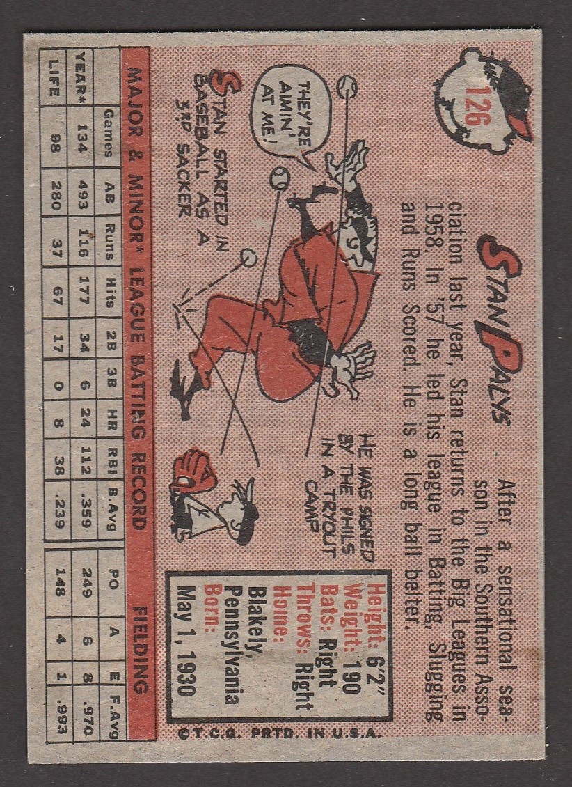 1958 TOPPS BASEBALL # 126 STAN PALYS RC INV J1854 | eBay