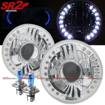 Universal 7" inches Round White LED DRL Chrome Headlights Glass with ...