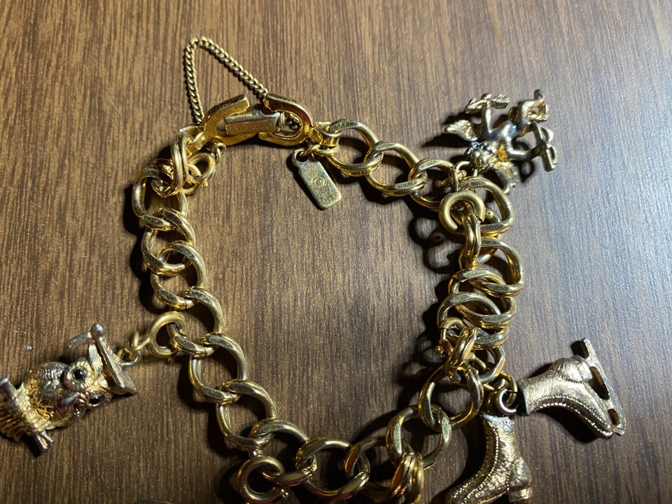 Vintage MONET Gold Tone Dangle Charm Owl Book Shoe Angel Skates ...