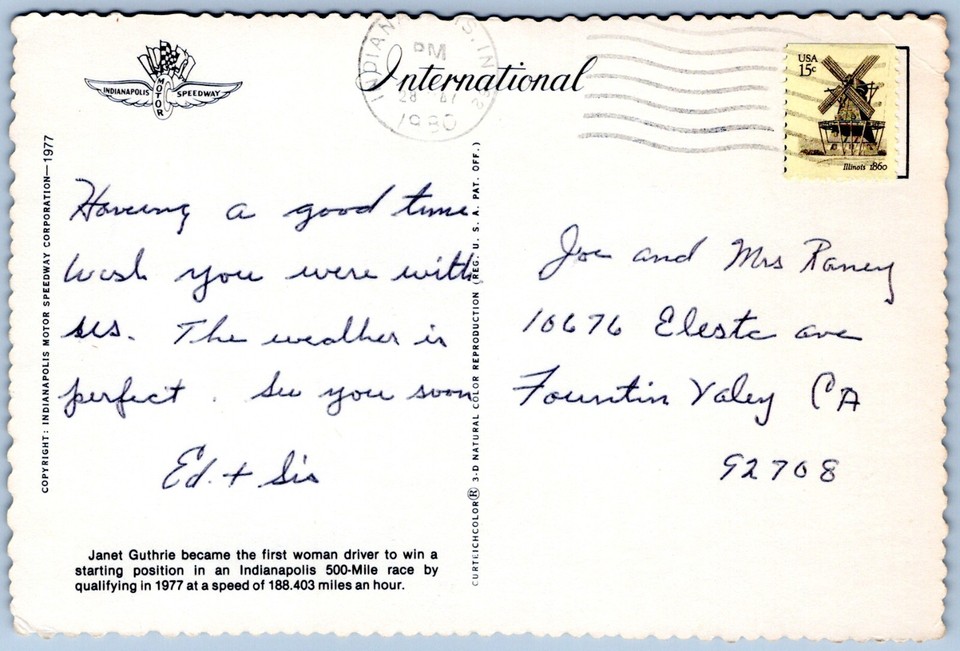 Postcard Janet Guthrie First Female Driver Starting Position Indy 500 ...