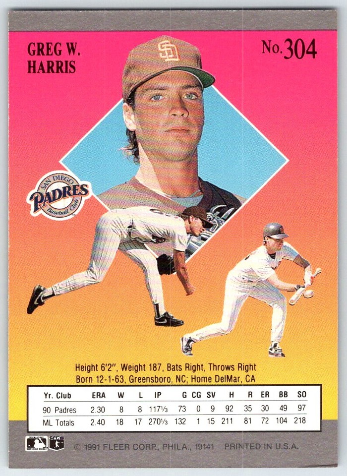 1991 Fleer Ultra Baseball Card Greg W. Harris #304 San Diego Padres | eBay