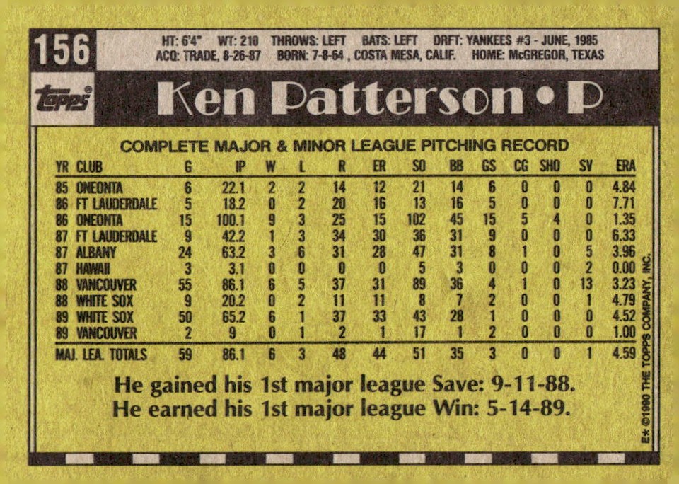 1990 Topps #156 Ken Patterson - Chicago White Sox | eBay