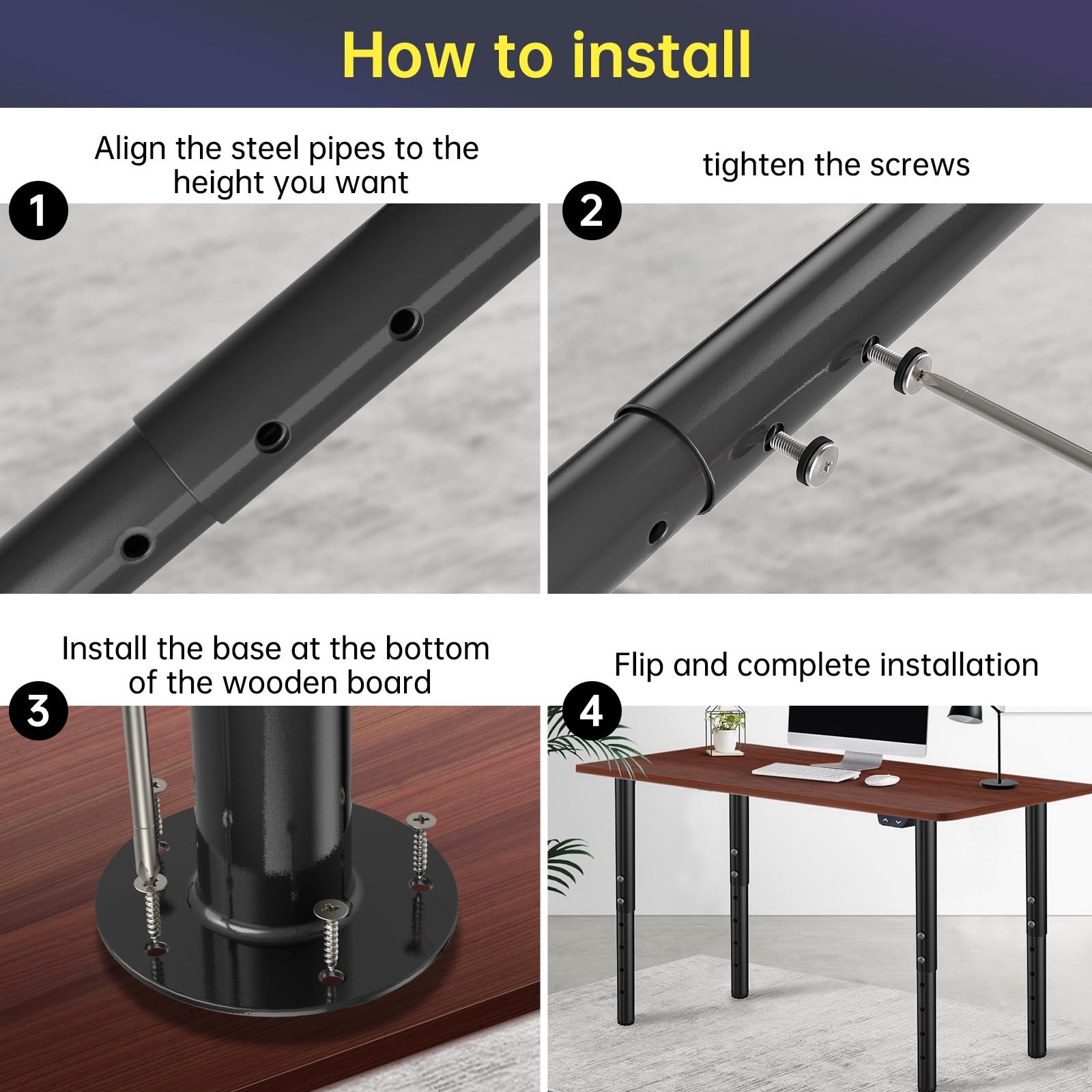 2 PCS Black Adjustable Metal Table Desk Furniture Legs Fits 3251 Inch ...