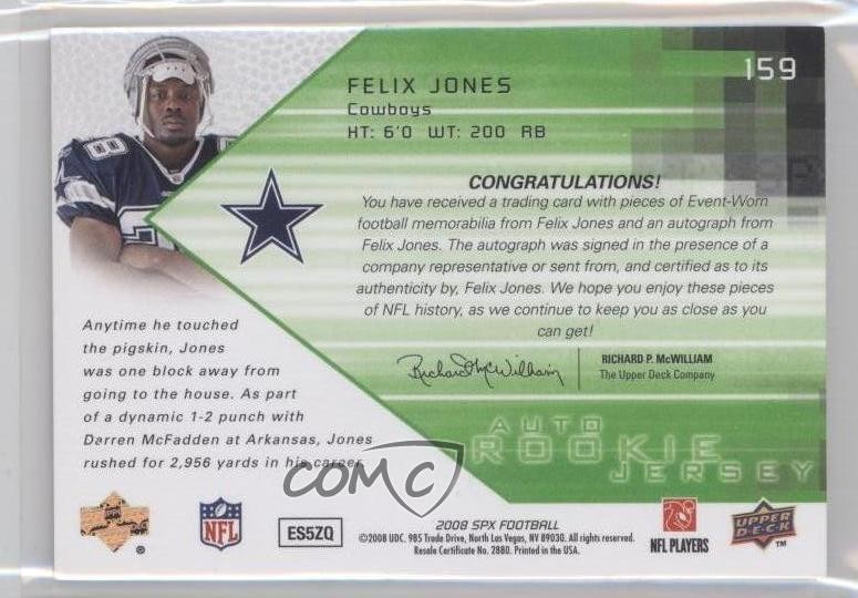 2008 SPx Auto Rookie Jersey Green /199 Felix Jones #159 Rookie Auto RC ...