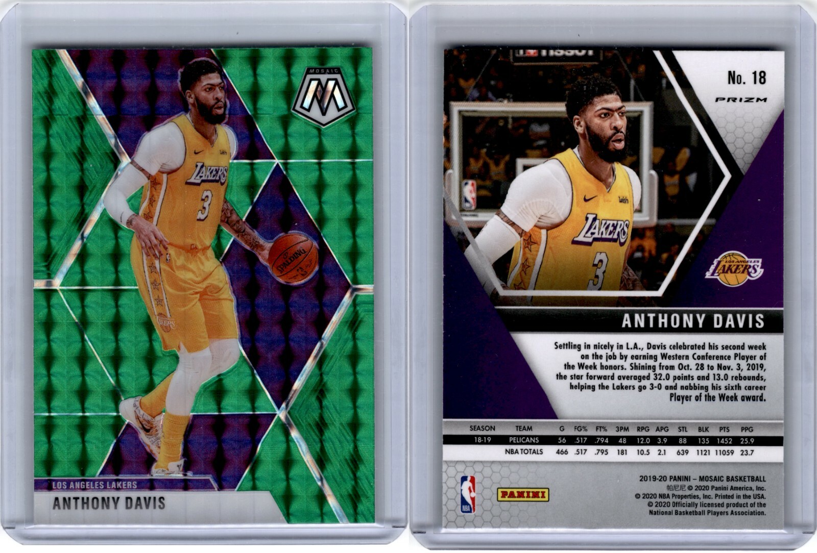 2019-20 Panini Mosaic Green ANTHONY DAVIS Card #18 Los Angeles Clippers ...
