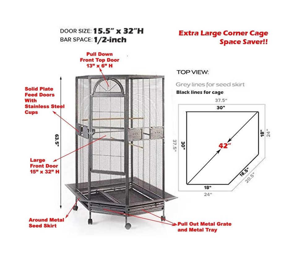 64" Extra Large Corner Flight Bird Parrot Cage for Cockatiel Parakeet ...