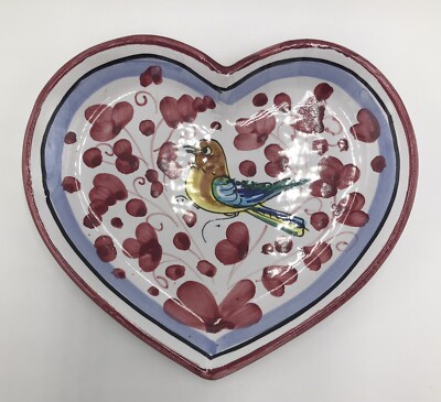 Sambuco Mario Deruta Italy Heart Shaped Ceramic Trinket Dish Bird Pink ...