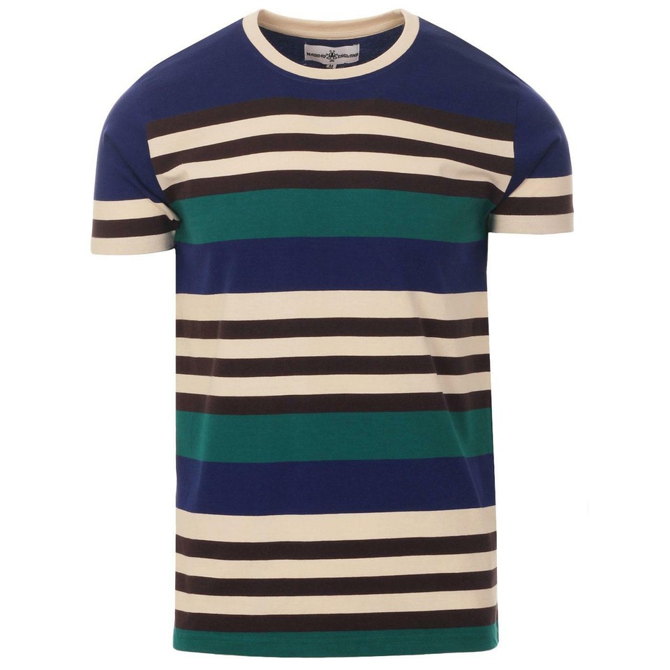 NEW MADCAP RETRO 70s MENS MOD STRIPED T-SHIRT BLUE Shirt Tee Top COSMO ...