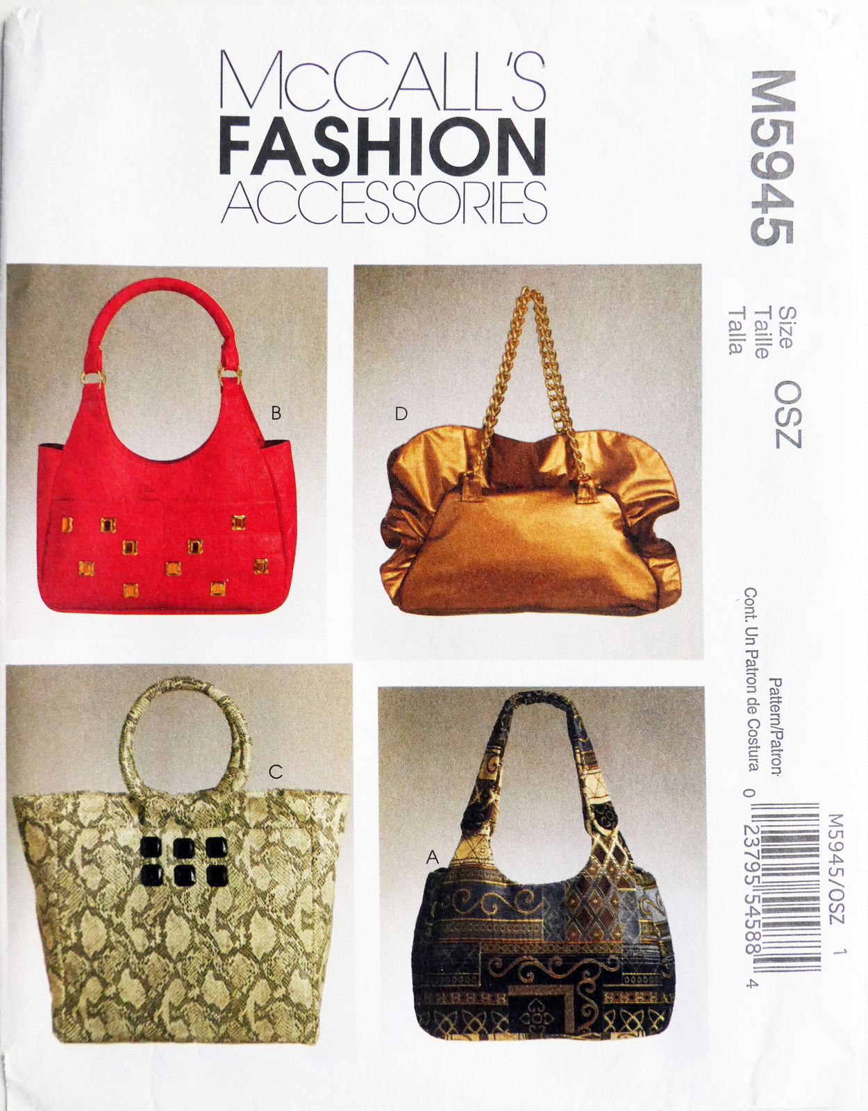 Sewing Pattern Bag Purse 4 Styles Lined Pockets Shoulder Tote Uncut ...
