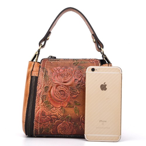 Women Genuine Leather Shoulder Bag Rose Pattern Retro Messenger Tote ...