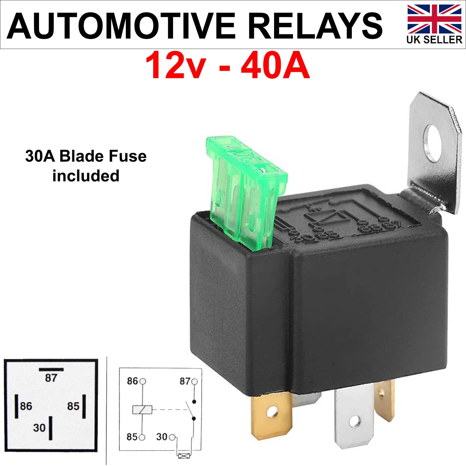 Automotive Relay 4-pin 12v 40A Normally Open Contact 30A Blade Fuse for ...