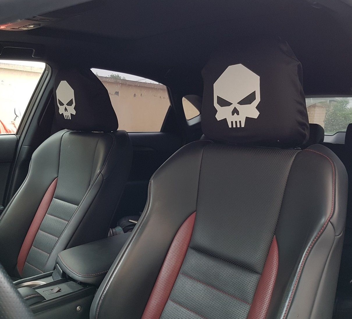 White Black Skull Skeleton Car Headrest Covers 2pcs Spandex Interior ...
