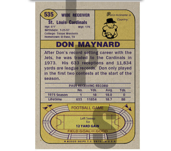 1974 STCC #535 Don Maynard St. Louis Arizona Cardinals New York Jets ...