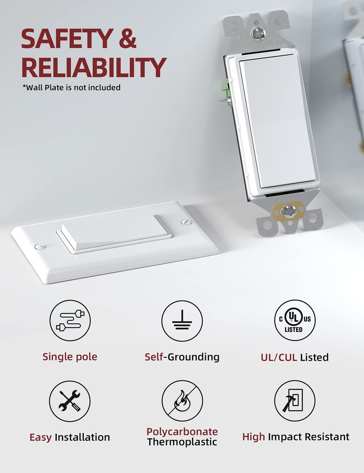 20 Pack Light Switch Single Pole Light Switch Square Rocker Switch ...