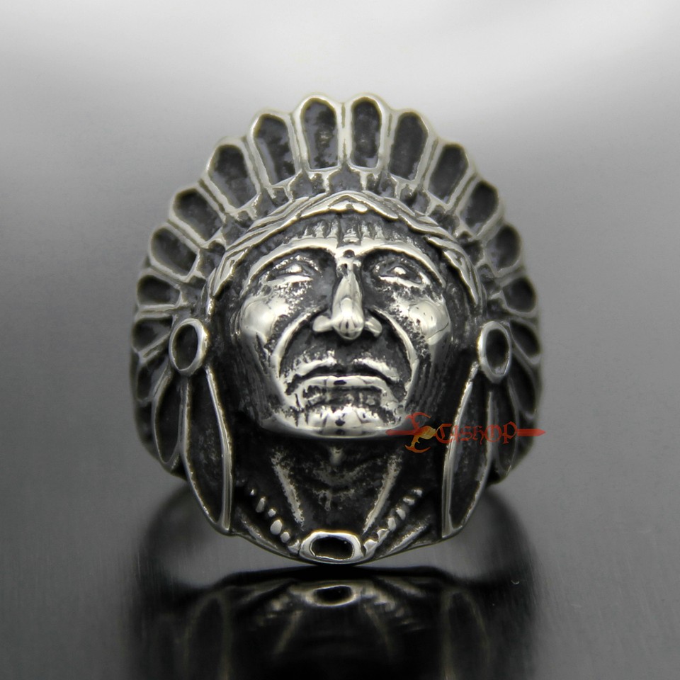 Retro Stainless Steel Indian Chief Apache Head Headdress Biker Rocker ...