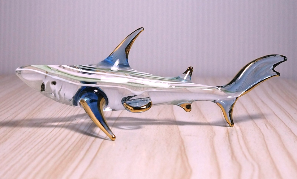 Blue green Shark figurine handmade blown glass art gold trim 4.5" Gift ...