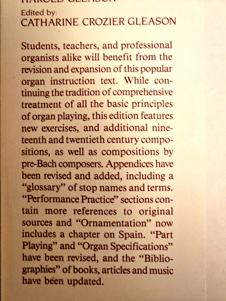 Harold Gleason Method Organ Playing 7th Edition 1988 Catharine Crozier ...