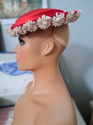 Vintage 1950's Prime RED HAT Cap Calot w White Daisy & Wire Tension ...