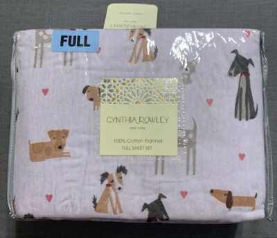 Cynthia Rowley 100% Cotton Flannel FULL Sheet Set Dogs Hearts Puppy ...