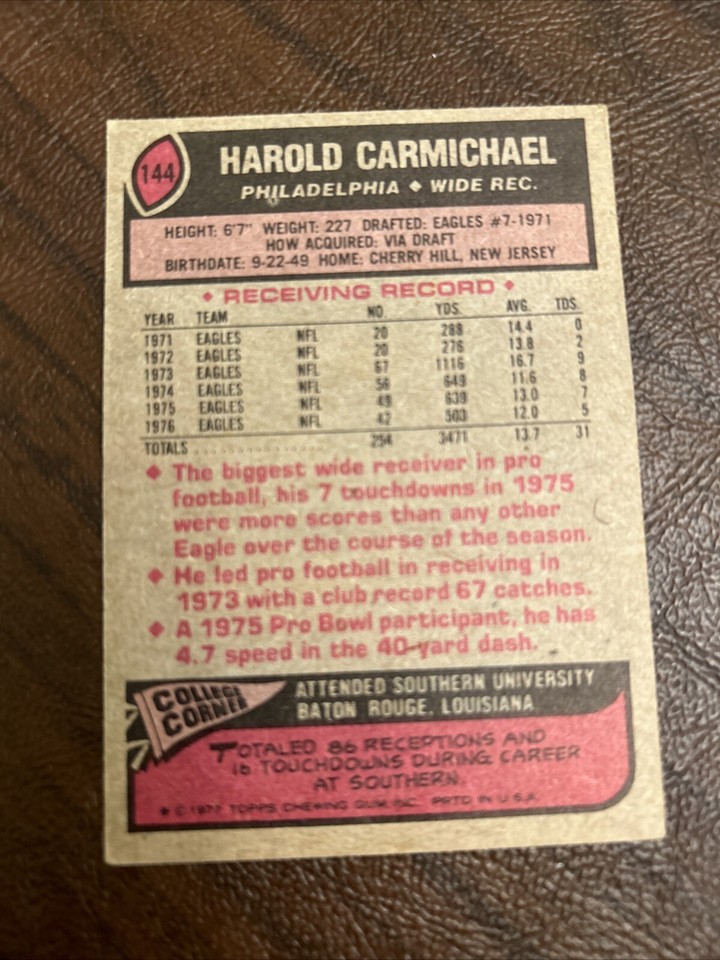 1977 TOPPS HAROLD CARMICHAEL #144 PHILADELPHIA EAGLES FOOTBALL ROOKIE ...