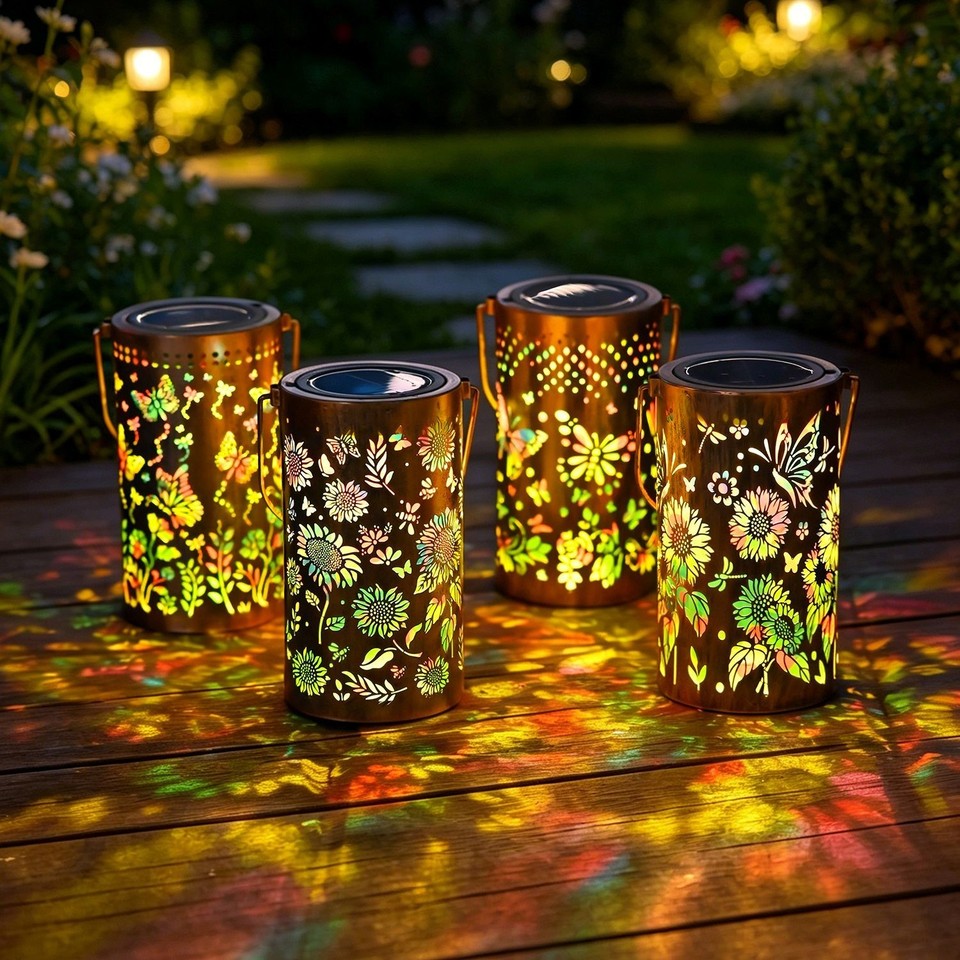 Iron Solar Lantern with Colorful Butterfly Flower Shadows for Garden ...