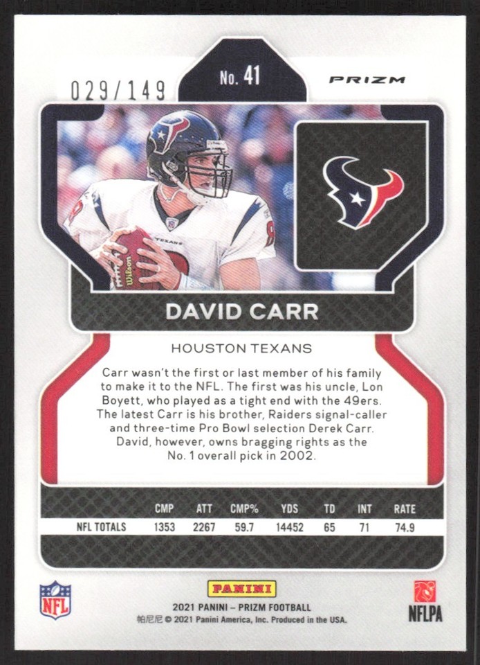2021 Panini Prizm David Carr Red Wave #41 #/149 SN | eBay