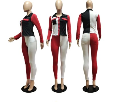 Women 2PC Set Patchwork Blouse Pencil Jogger Sweatpants Suit Matching ...
