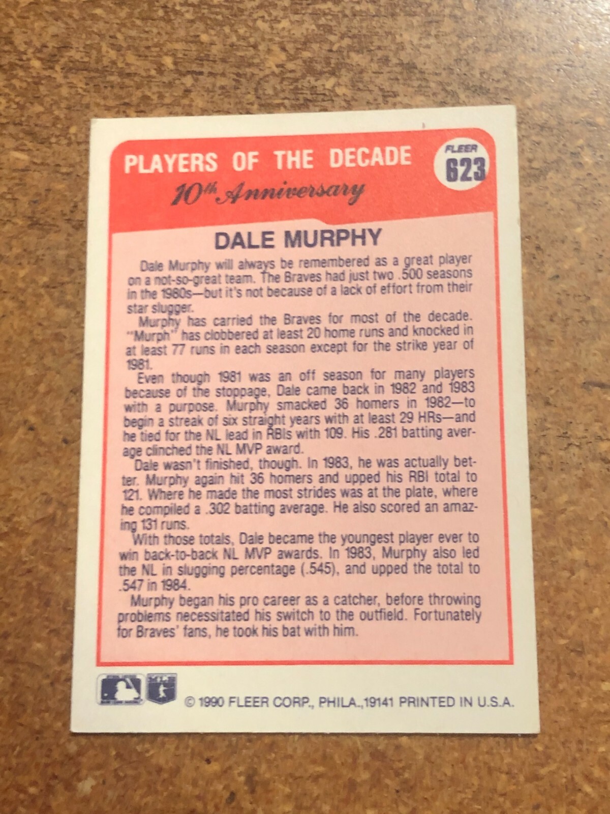 1990 Fleer Baseball # 623 10th Anniversary Dale Murphy | eBay