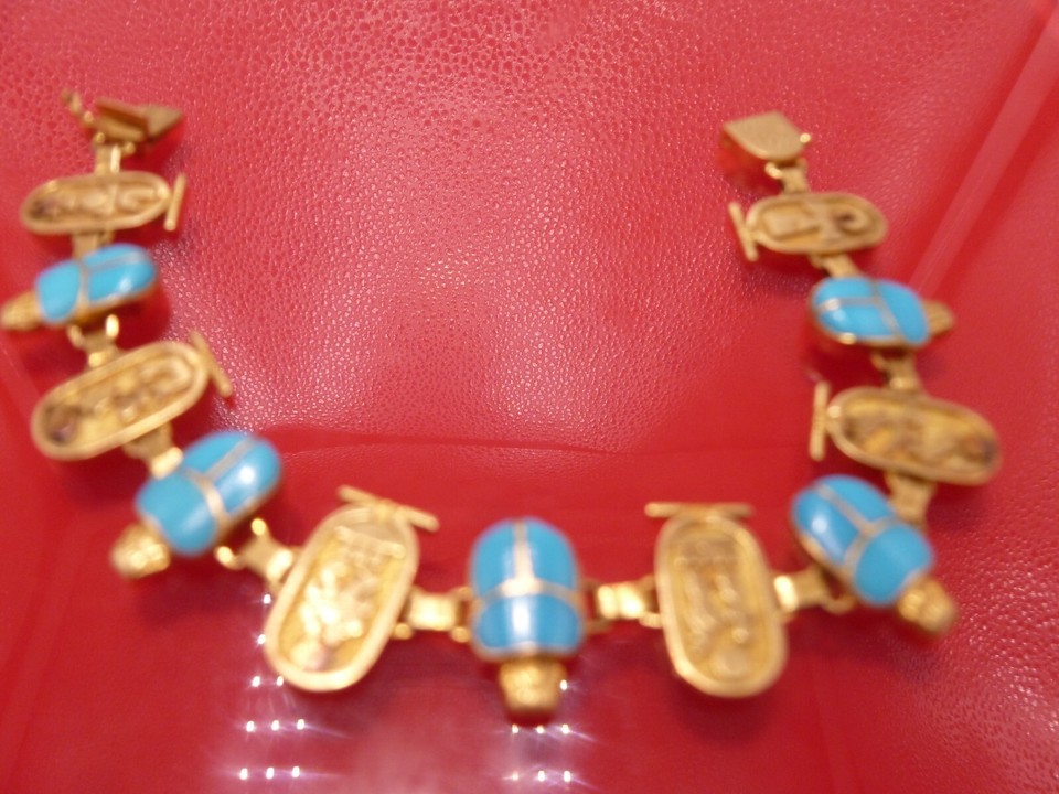 18 Karat Gold Scarab Beetle Turquoise Bracelet Egyptian Cartouche Made ...