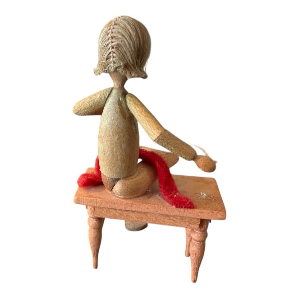 Vintage Wooden Figurine Sewing Red Cloth Bench Folk Art Erzgebirge ...