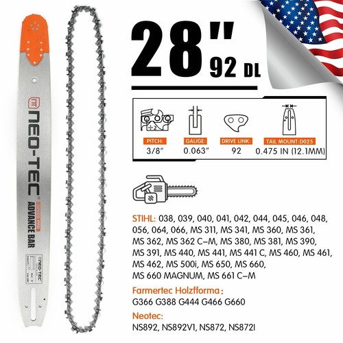28'' Guide Bar Chain 3/8" 0.063" 92DL Fit for Stihl MS660 381 MS441 ...