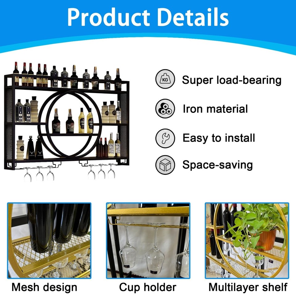 Wall Mounted Wine Rack, Large Capacity 3 Tier Wine Glass Display Rack ...