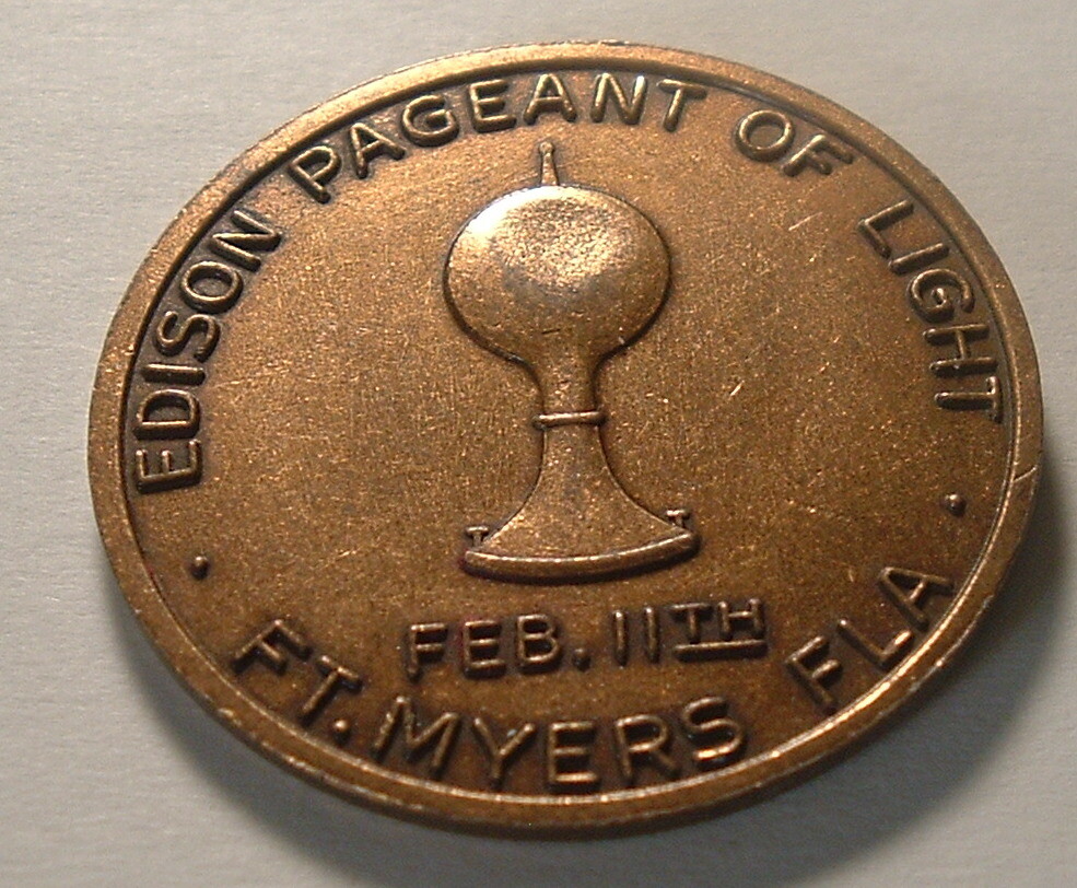 Thomas Edison 1931 Pageant of Light Ft Myers Florida Bronze Token 32mm ...