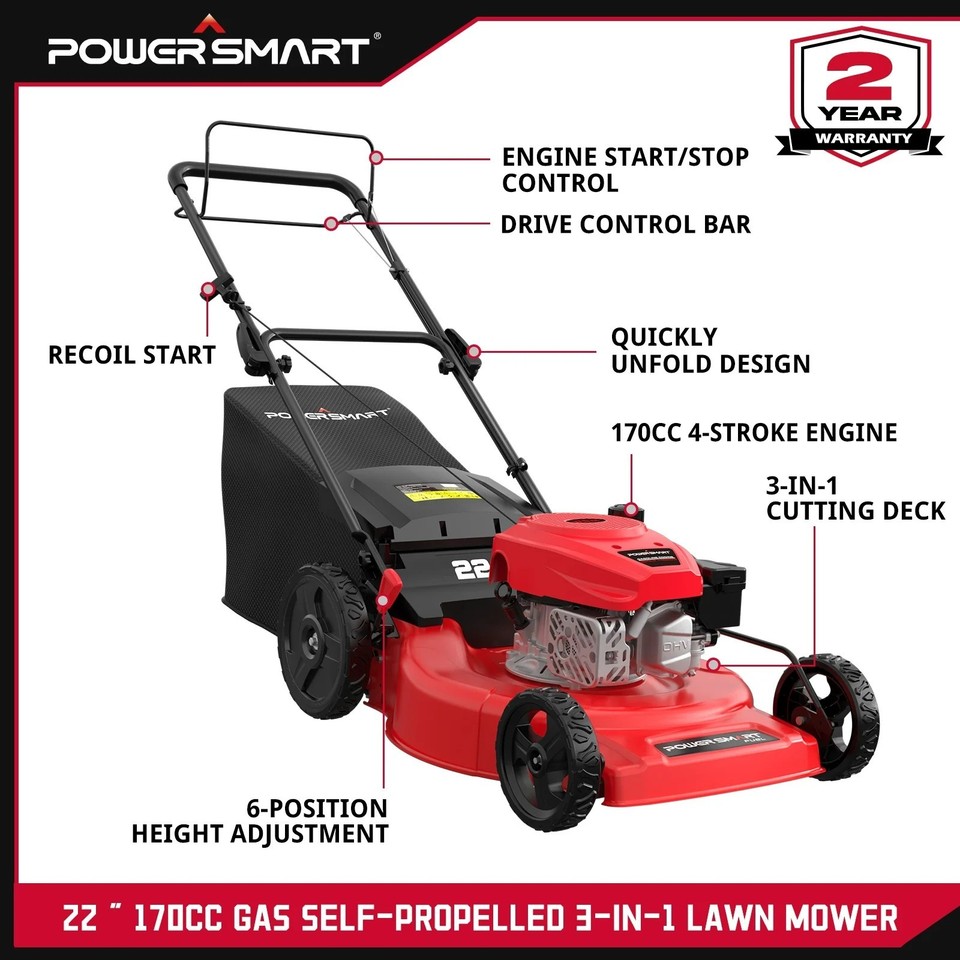 PowerSmart 22" Gas Lawn Mower, 170cc 3-in-1, Rear Wheel Drive, Grass ...