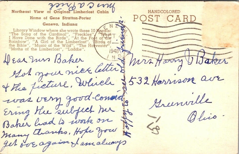 Postcard Northeast View Of Original Limberlost Cabin Geneva Indiana ...