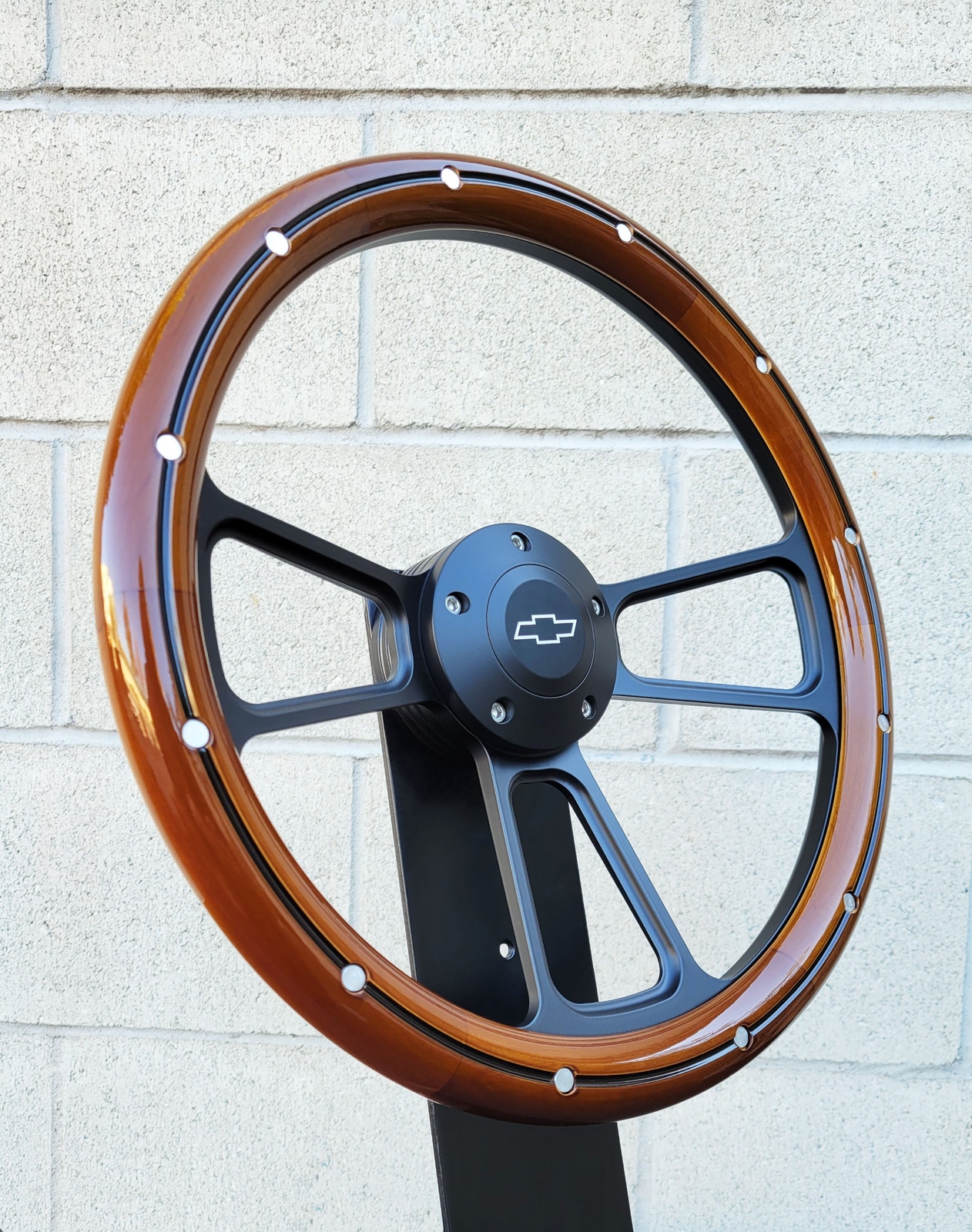 14" Black Billet Steering Wheel Real Wood Mahogany Aluminum Rivets ...