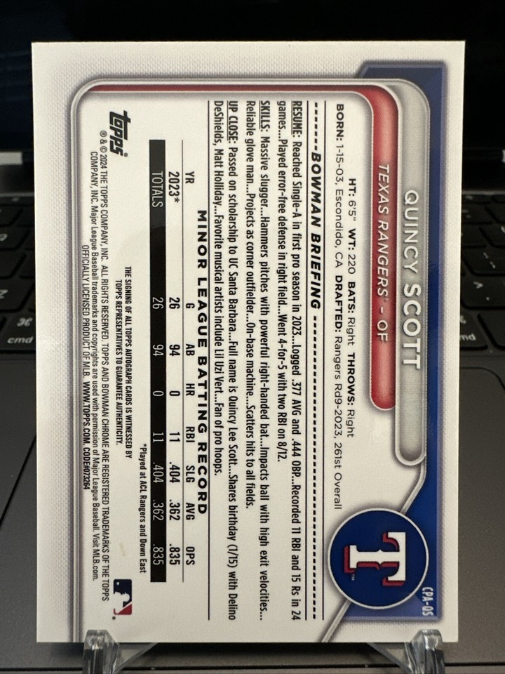 2024 Bowman Chrome Quincy Scott 1st Purple Auto Autograph Texas Rangers ...