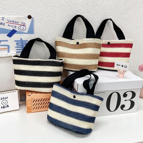 with Button Soft Straw Handbag Color Contrast Straw Beach Bag Women ...