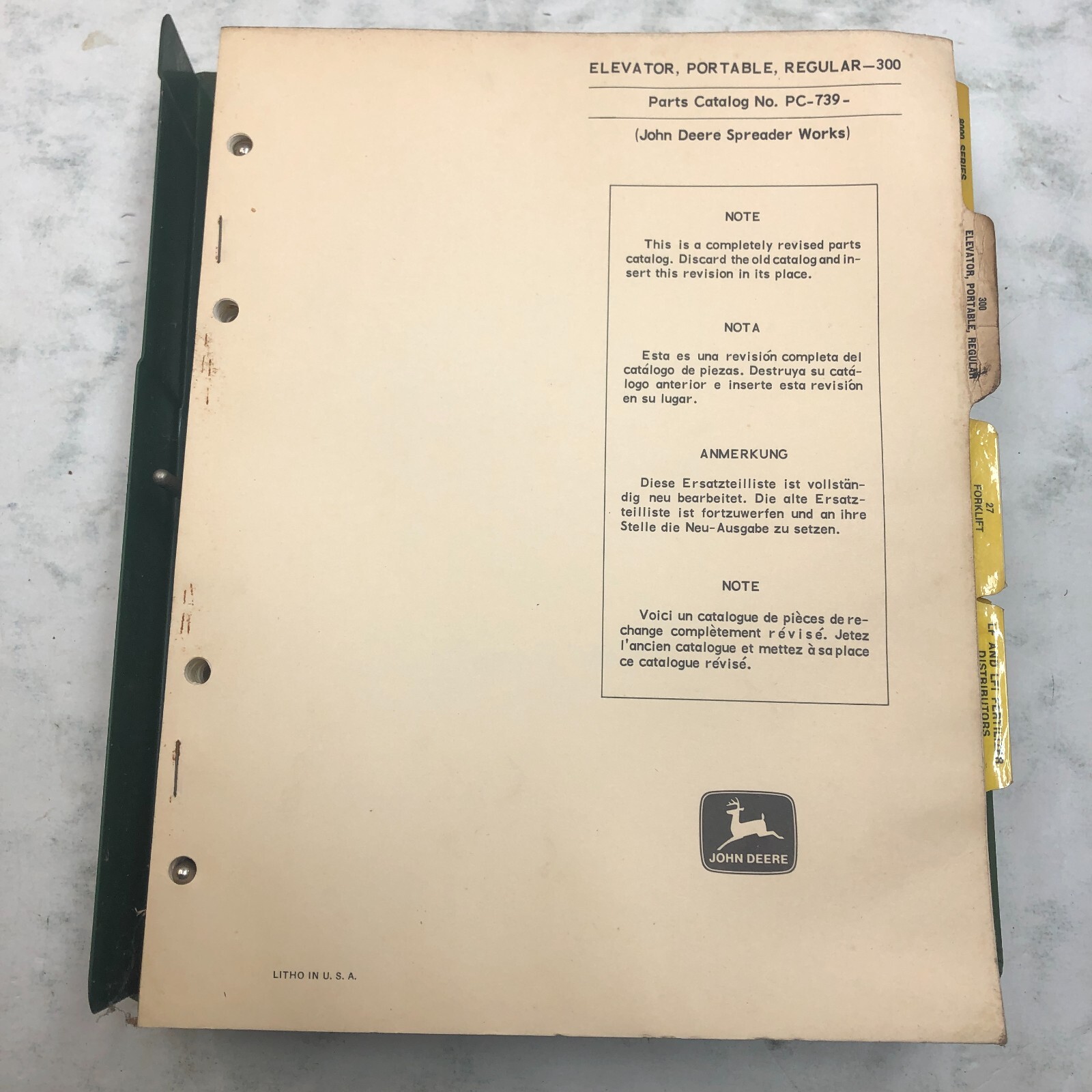 John Deere Elevator Portable Regular 300 Parts Catalog Manual Book 1969 ...