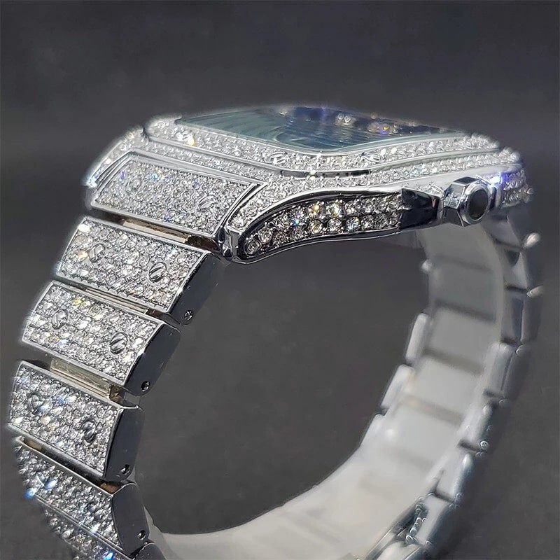 Luxury Fully Ice out Men's Watch Iced Bling Hip Hop Diamond Silver Blue ...