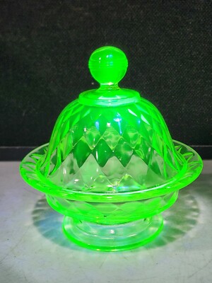 Bryce Brothers Diamond Quilt COVERED COMPOTE DISH 1800's Yellow Uranium ...