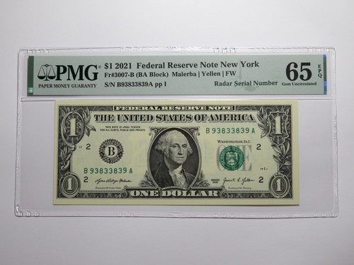 $1 2021 Radar Serial Number Federal Reserve Currency Bank Note Bill PMG ...