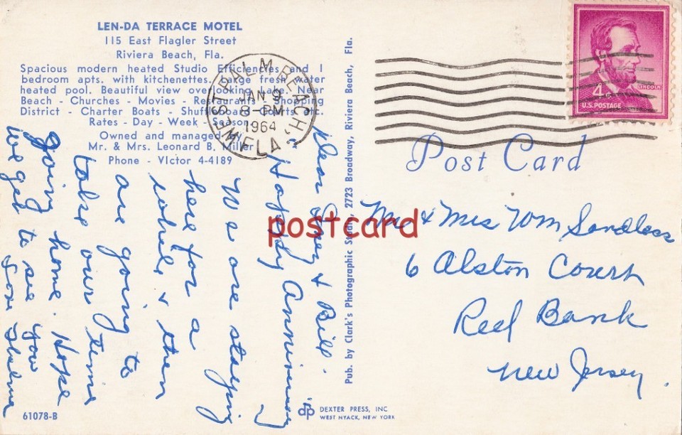 1964 LEN-DA TERRACE MOTEL Riviera Beach FL Lenard Miller Owners, to Wm ...